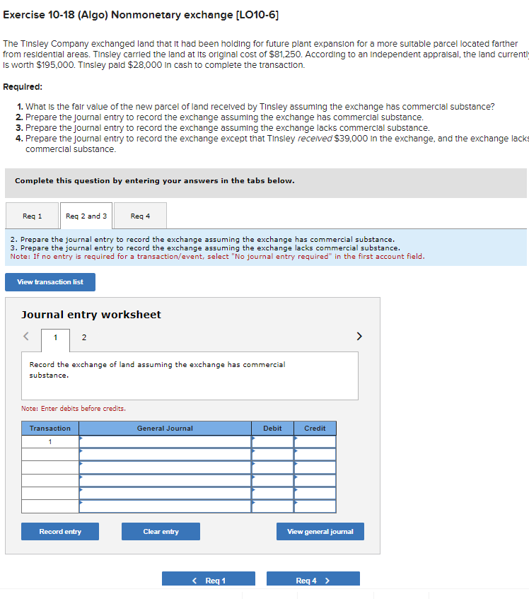 Solved Exercise 10-18 (Algo) Nonmonetary exchange [LO10-6] | Chegg.com