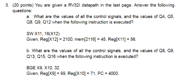 Solved 3. (20 points) You are given a RV321 datapath in the | Chegg.com