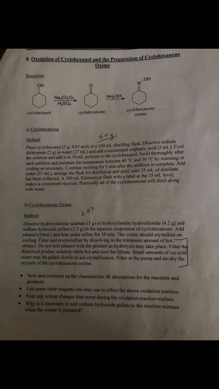 Solved 8. Oxidation of Cyclohexanol and the Preparation of | Chegg.com