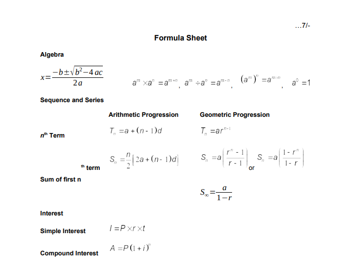 Algebra 1 Formula Sheet