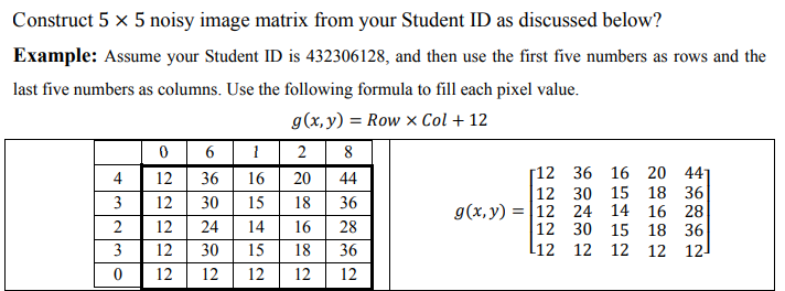 Solved Construct 5×5 noisy image matrix from your Student ID | Chegg.com Solved Construct 5×5 noisy image matrix from your Student ID | Chegg.com