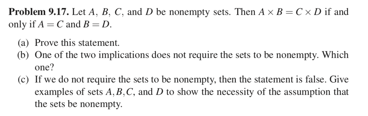 Solved Problem 9.17. Let A, B, C, and D be nonempty sets. | Chegg.com