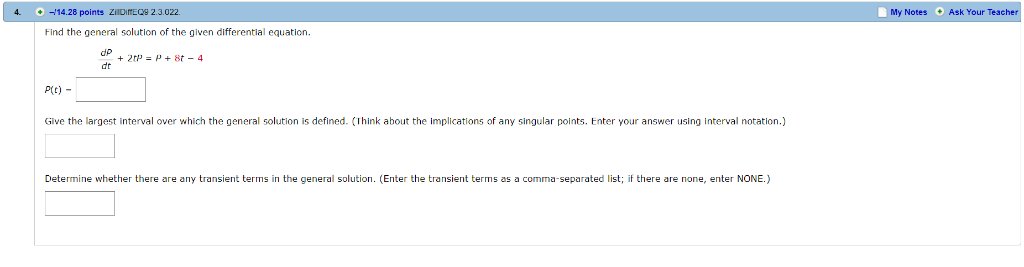 Solved dP dt + 2tP = P + 8t − 4 P(t) = | Chegg.com