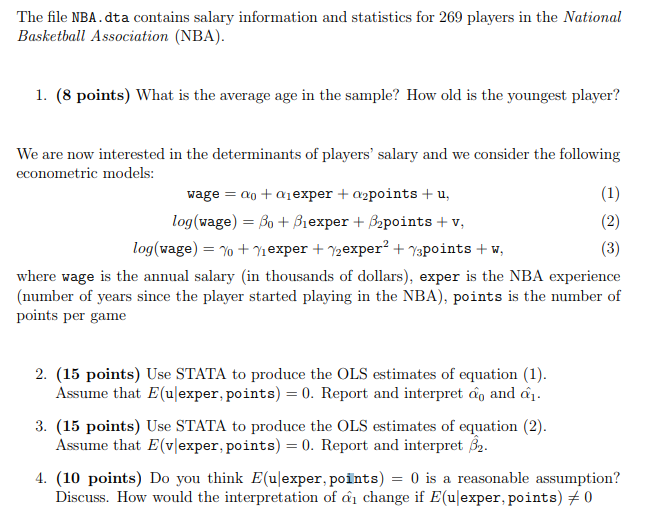 Solved The file NBA.dta contains salary information and | Chegg.com