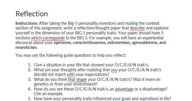 Solved Reflection Instructions: After taking the Big- 5 | Chegg.com