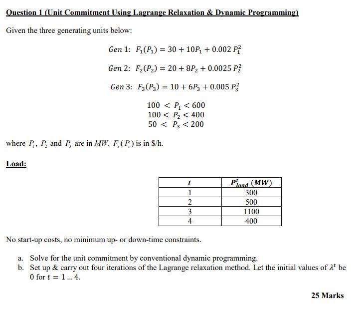 Solved Question 1 Unit Commitment Using Lagrange Relaxation