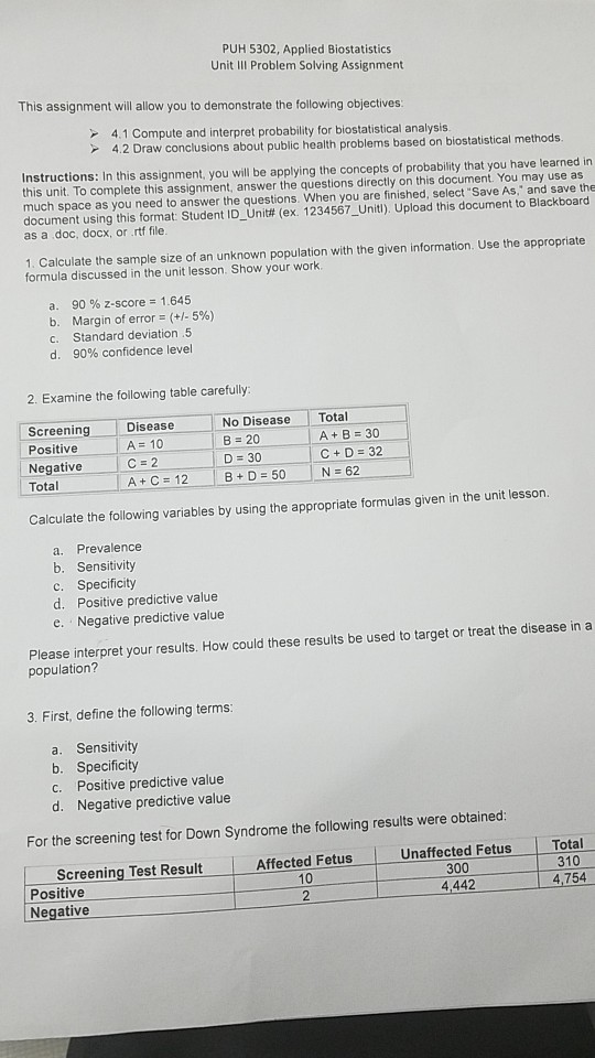 Solved PUH 5302, Applied Biostatistics Unit Il Problem | Chegg.com