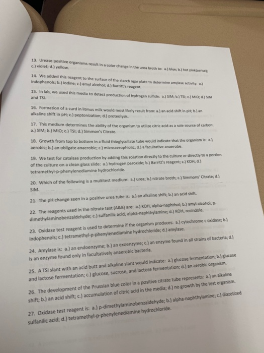 Solved 13. Urease positive organisms result in a color | Chegg.com