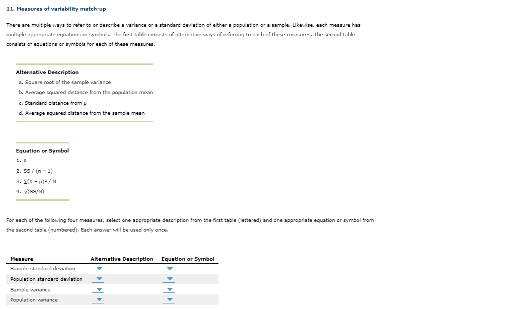 Solved 11. Measures of variability match-up There are | Chegg.com