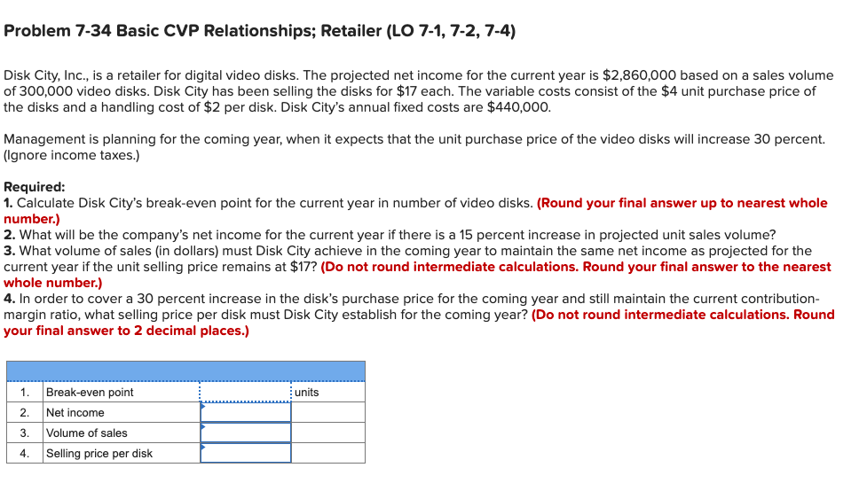 Solved Problem 7-34 Basic CVP Relationships; Retailer (LO | Chegg.com