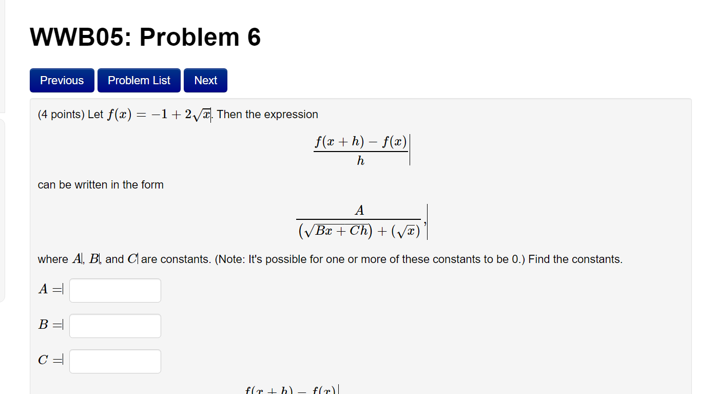 Solved WWB05: Problem 6 Previous Problem List Next (4 | Chegg.com