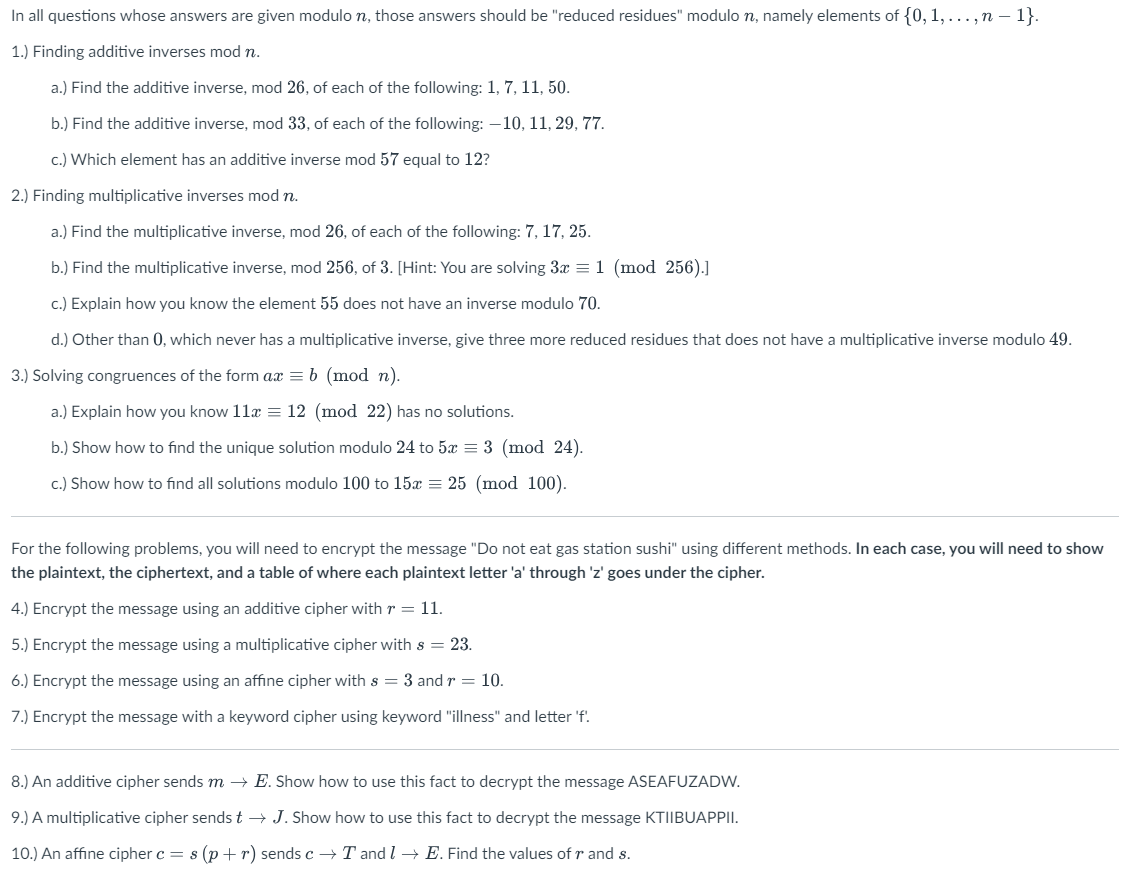 Solved In all questions whose answers are given modulo n, | Chegg.com