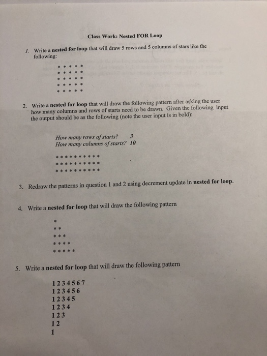 Solved Class Work Nested For Loop Write A Nested For Loop