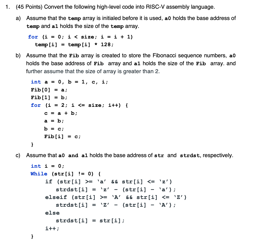 Solved 1. (45 Points) Convert the following high-level code | Chegg.com