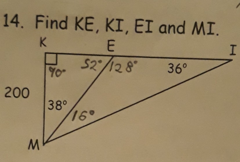 Solved 14. Fd KE, KI, EI and MI in 52//28 36 200 38° 16° | Chegg.com
