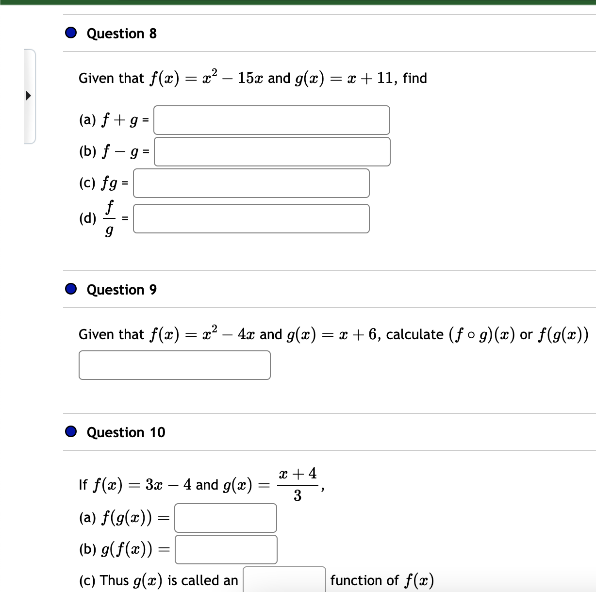 Solved Given that f(x)=x2−15x and g(x)=x+11, find (a) f+g= | Chegg.com