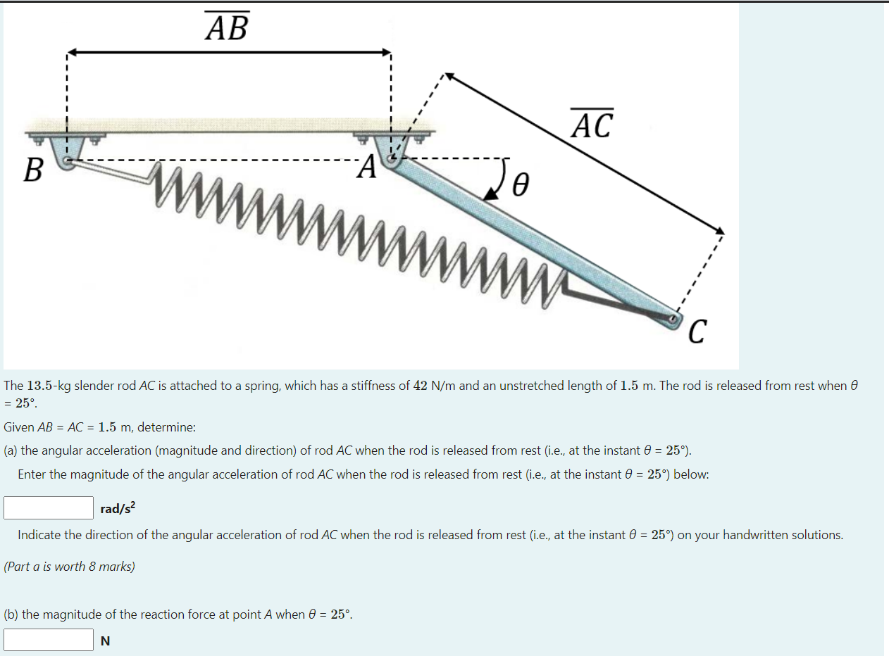 Solved The 13.5−kg slender rod AC is attached to a spring, | Chegg.com