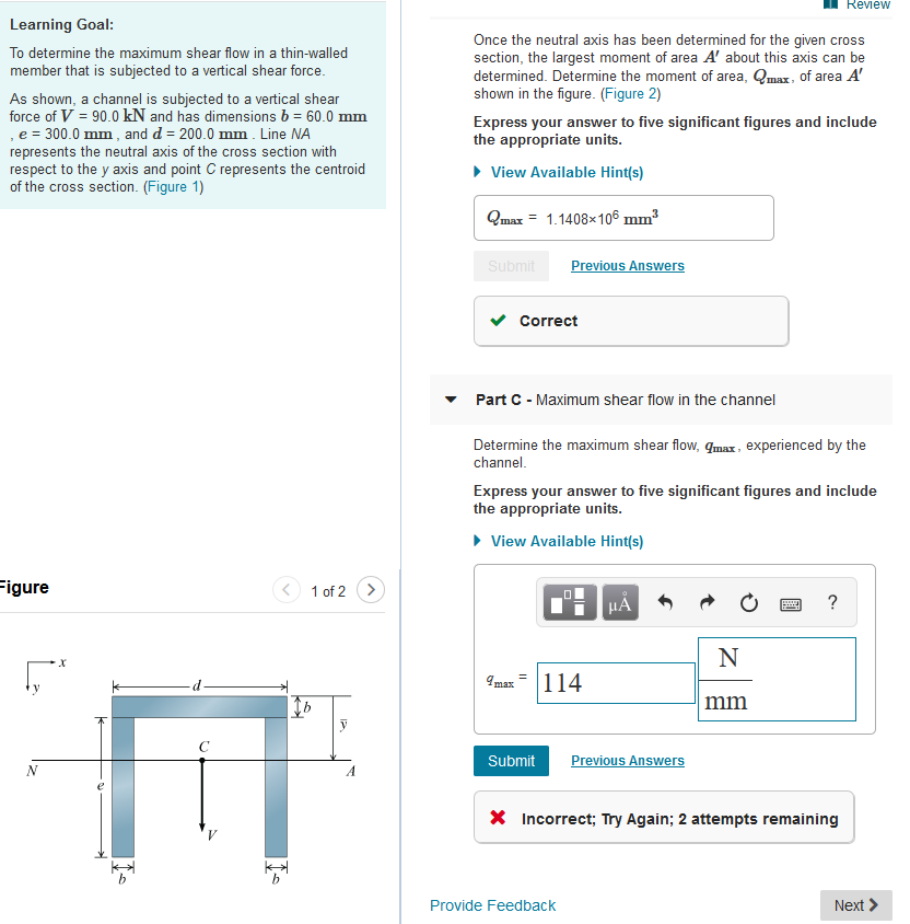 Solved Part C - Maximum shear flow in the channel Determine | Chegg.com