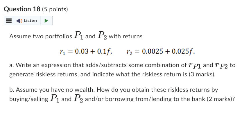 Solved Assume two portfolios P1 and P2 with returns | Chegg.com
