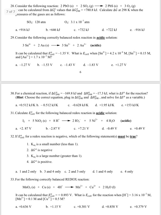 Solved 28. Consider the following reaction: 2 PbO (s) 2 SO2 | Chegg.com