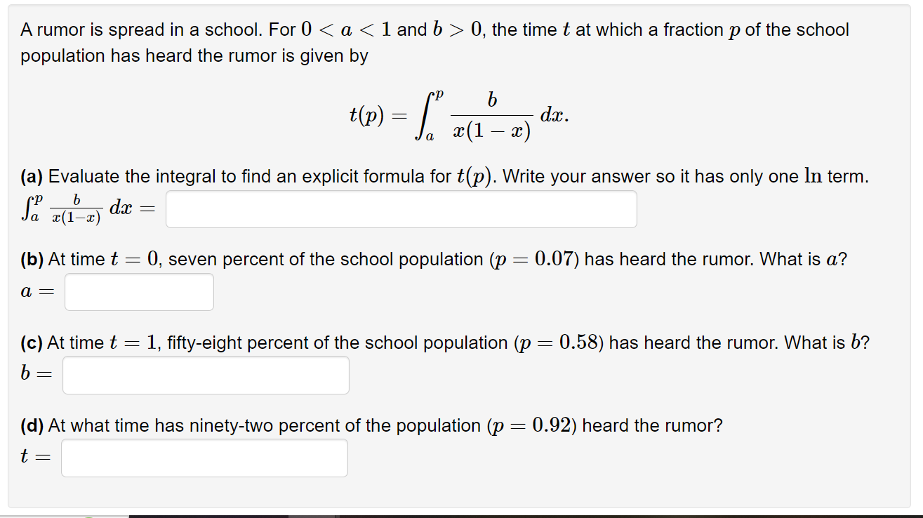 Solved A rumor is spread in a school. For 00, the time t at | Chegg.com