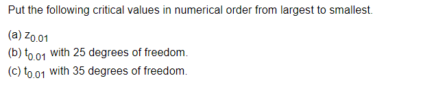 Solved Put the following critical values in numerical order | Chegg.com