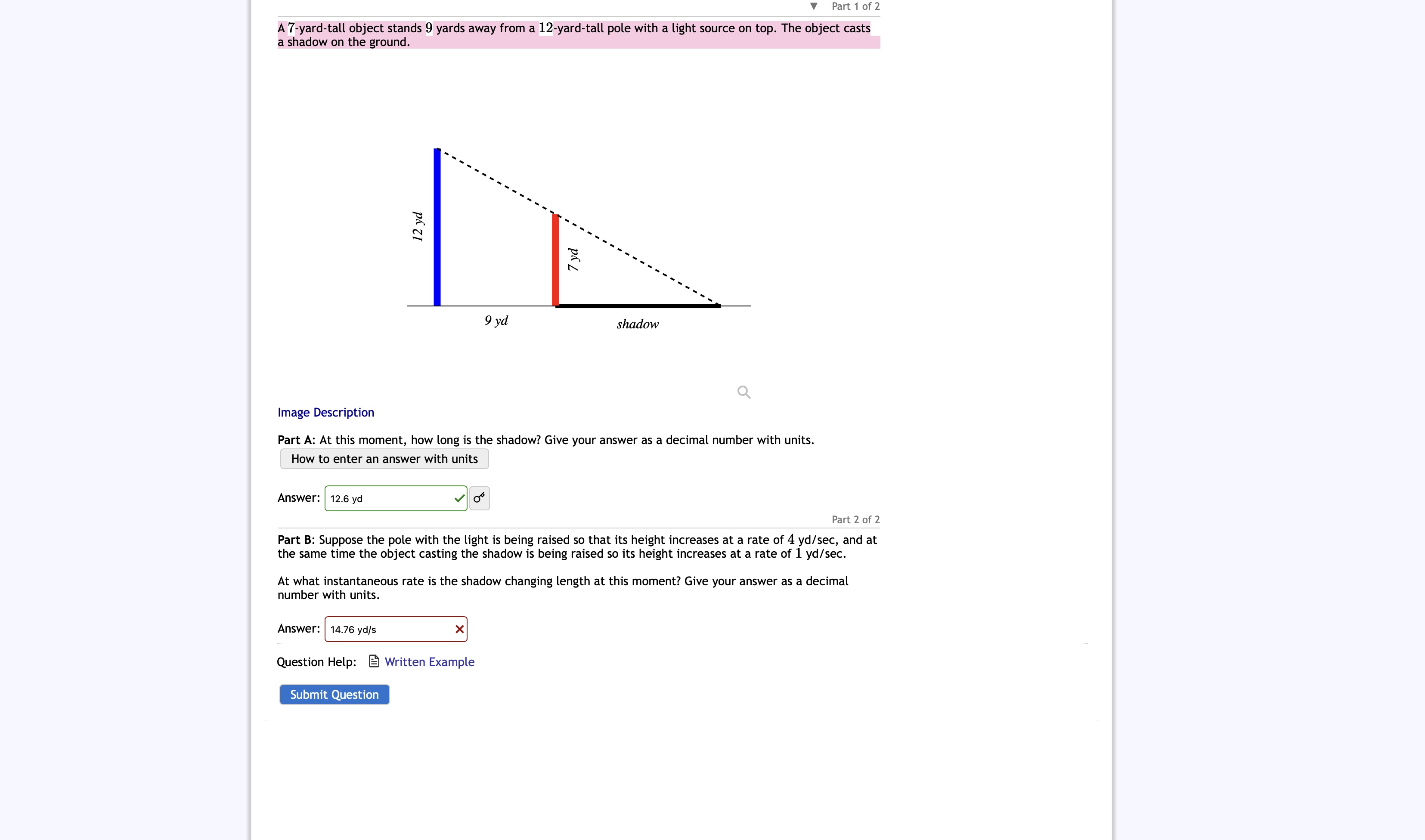 Solved A 7-yard-tall object stands 9 yards away from a 12 | Chegg.com