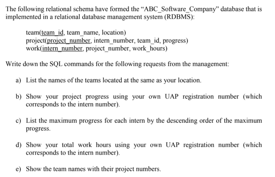 Solved The following relational schema have formed the | Chegg.com
