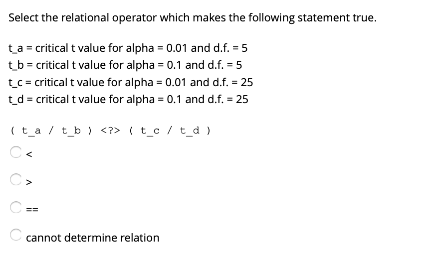 Solved Select the relational operator which makes the | Chegg.com