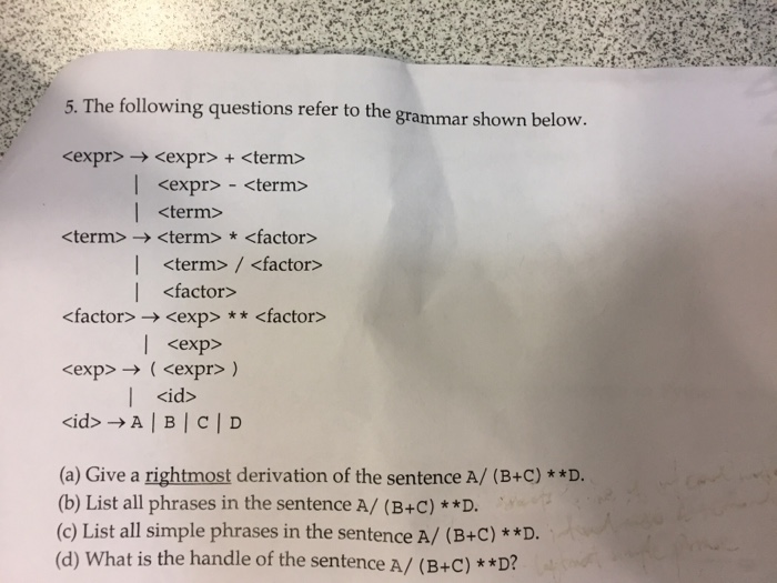 Solved 5. The following questions refer to the grammar shown | Chegg.com