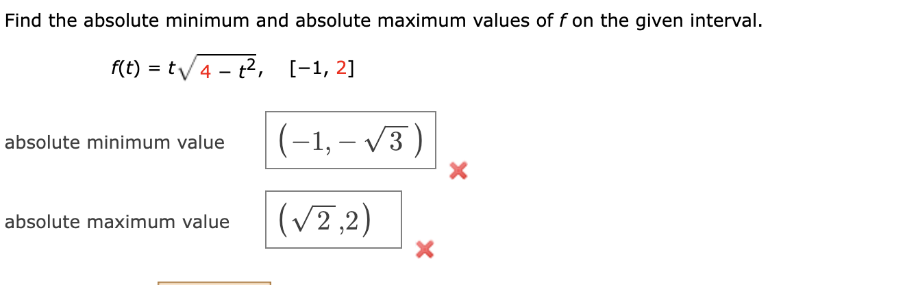 Solved Find the absolute minimum and absolute maximum values | Chegg.com