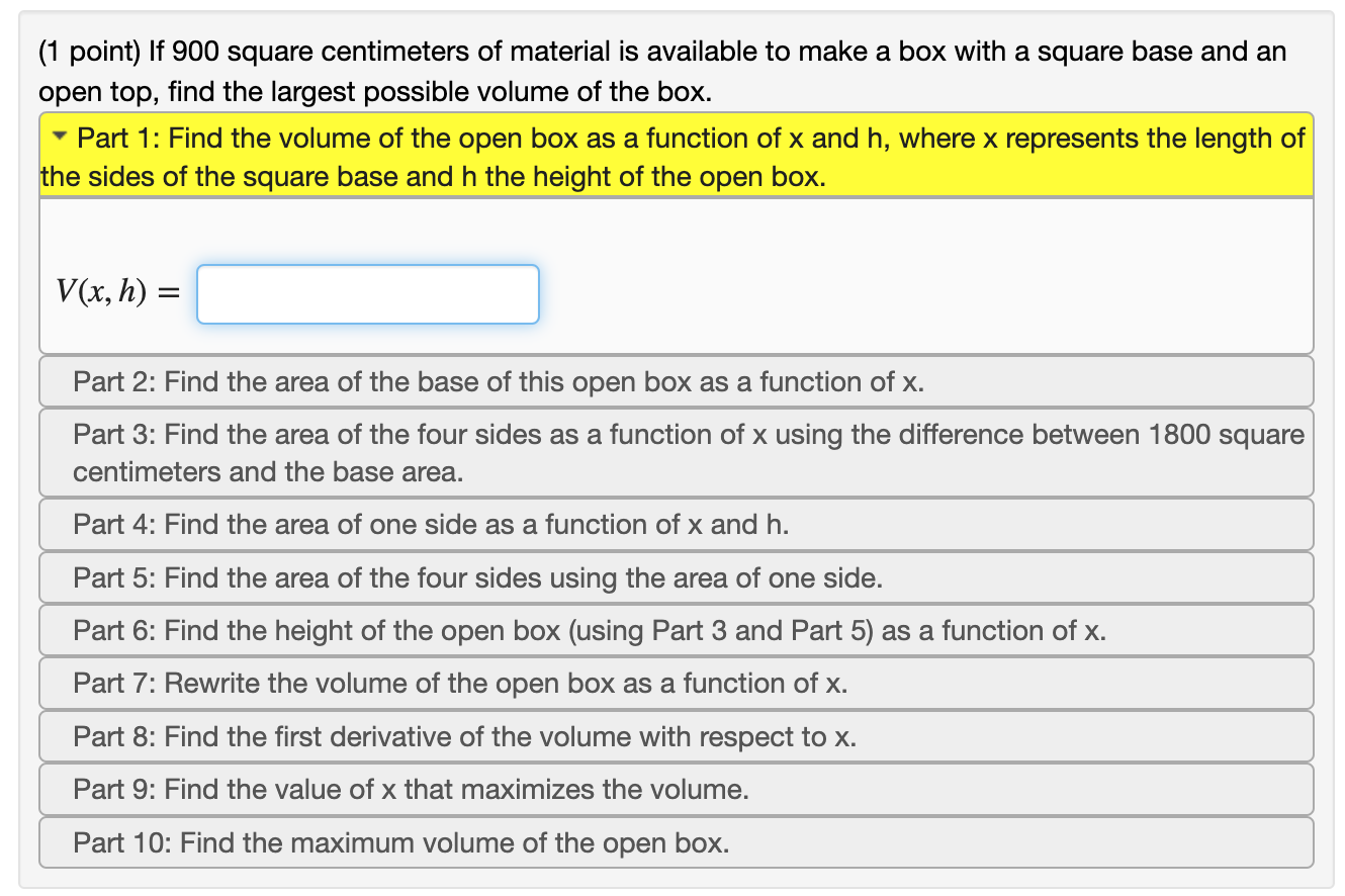 Solved (1 point) If 900 square centimeters of material is | Chegg.com