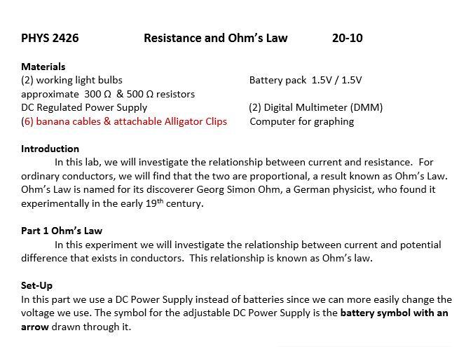 Solved PHYS 2426 Resistance and Ohm's Law 20-10 Battery pack | Chegg.com