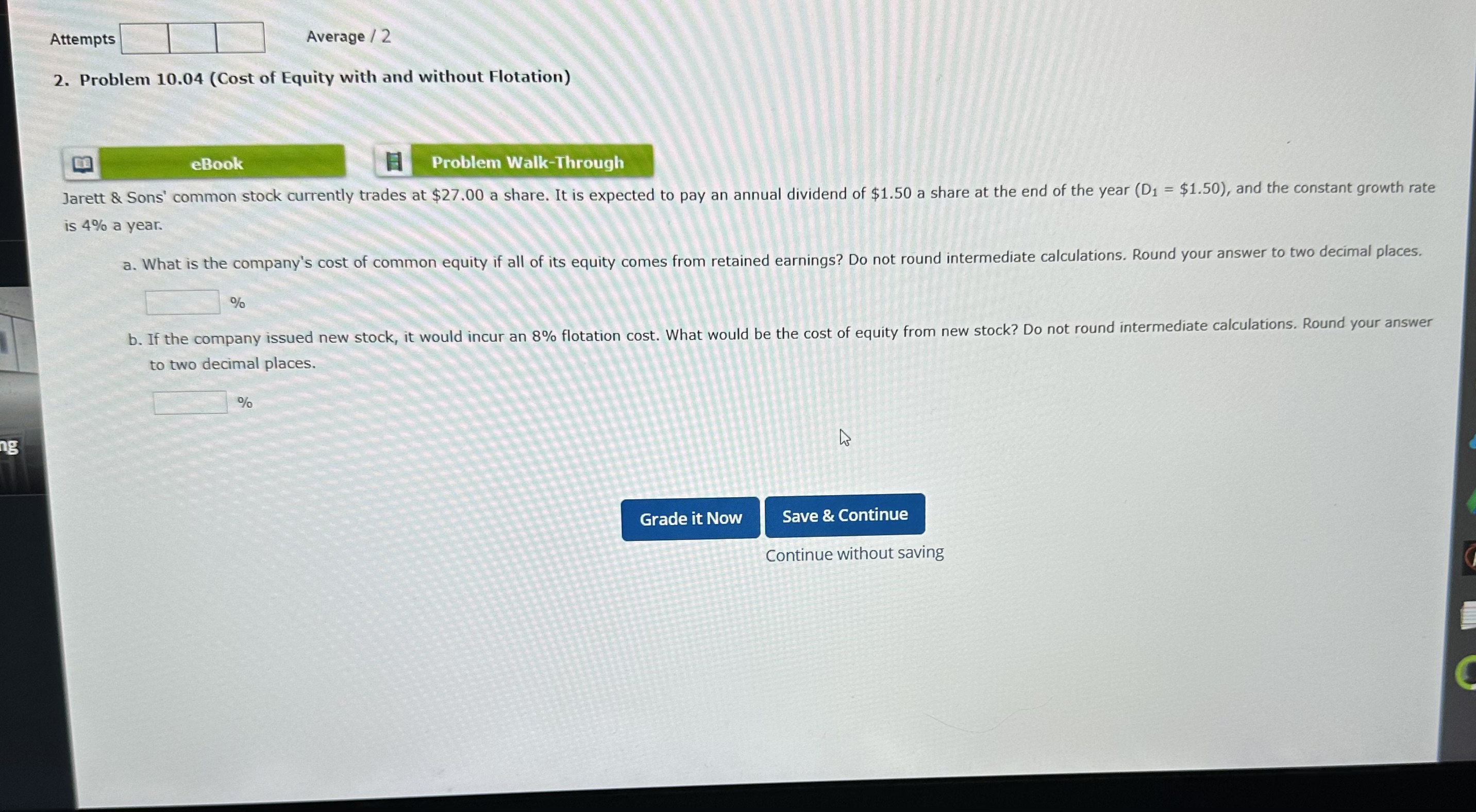 Solved 2. Problem 10.04 (Cost of Equity with and without | Chegg.com