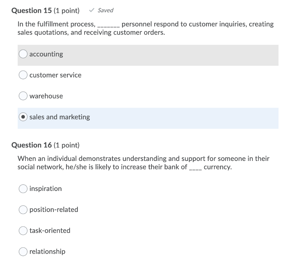 Solved Question 11 (1 point) Saved The fulfillment | Chegg.com