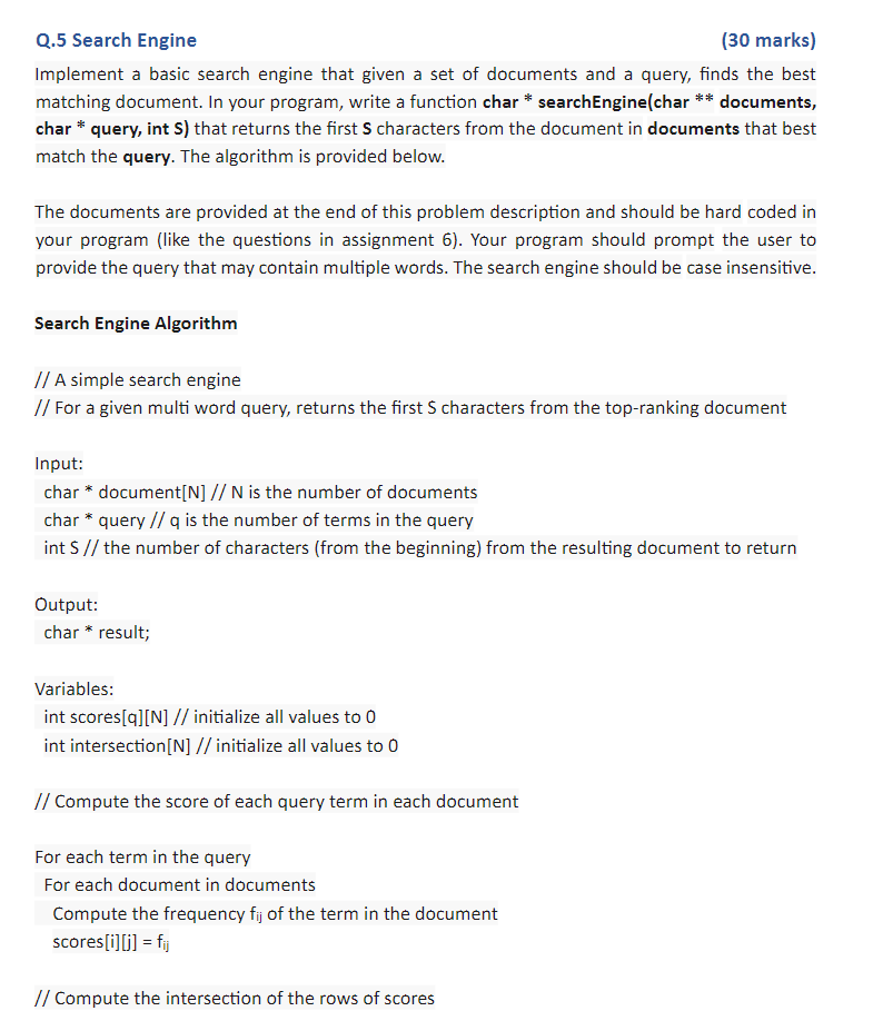 Solved Q.5 Search Engine (30 marks) Implement a basic search | Chegg.com