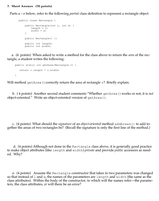 Solved 2. Short Answer. (20 points) Parts a - e below, refer | Chegg.com
