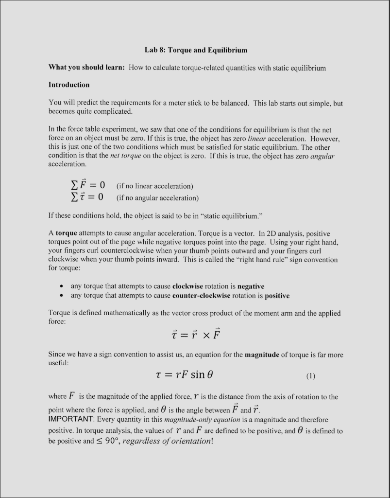 Lab 8: Torque and Equilibrium What you should learn: | Chegg.com
