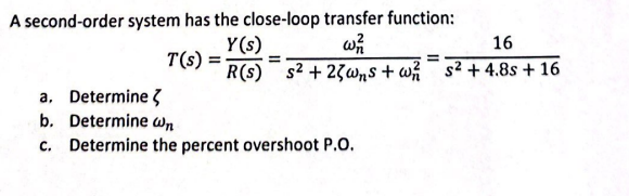 Solved A second-order system has the close-loop transfer | Chegg.com