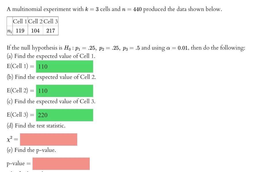 Solved A multinomial experiment with k=3 cells and n=440 | Chegg.com