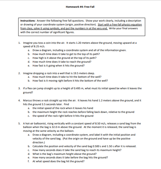 Solved Homework \#4: Free Fall Instructions: Answer the | Chegg.com