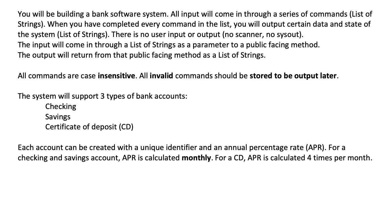 Solved You will be building a bank software system. All | Chegg.com