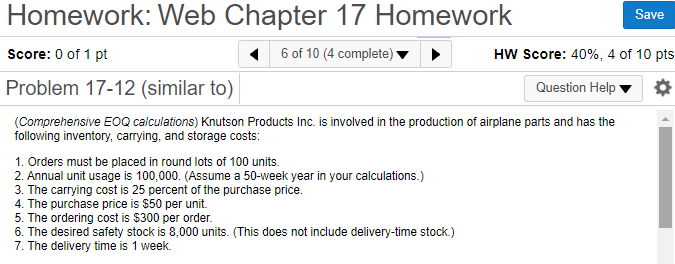 Solved Homework Web Chapter 17 Homework Save Score 0 Of 1