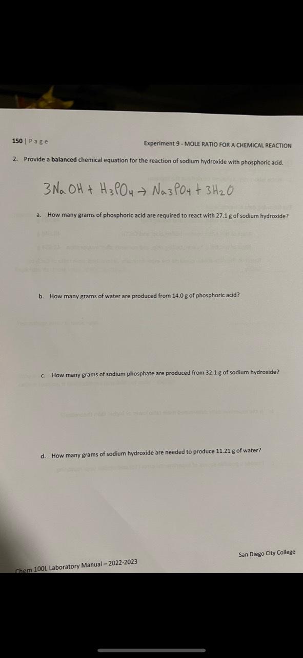 Solved Experiment 9 - MOLE RATIO FOR A CHEMICAL REACTION 2. | Chegg.com