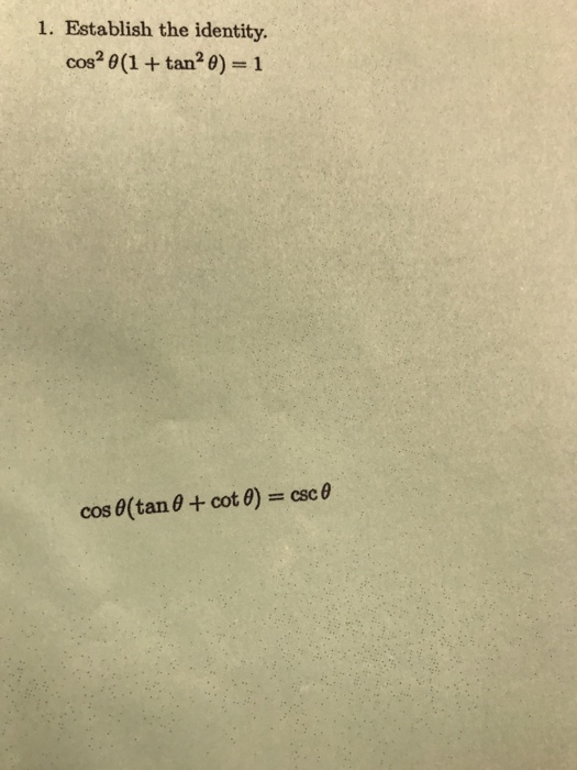 Solved 1. Establish the identity. cos2 θ(1 + tan2 θ)-1 cos | Chegg.com
