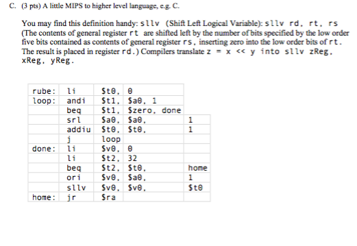 Solved C 3 Pts A Little Mips To Higher Level Language