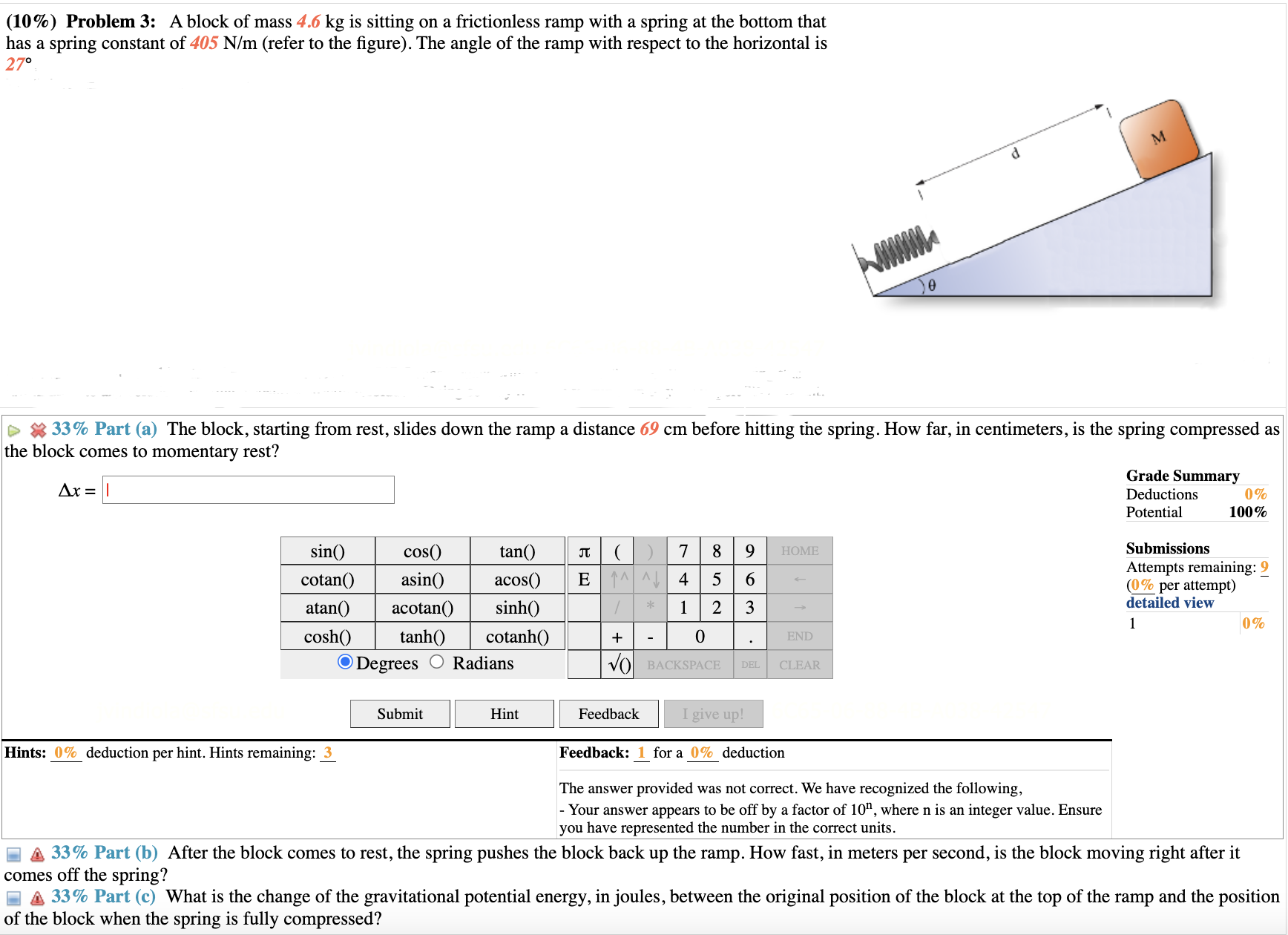 Solved (10\%) Problem 3: A block of mass 4.6 kg is sitting | Chegg.com