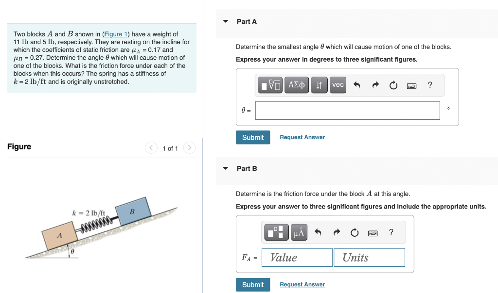 Solved Two blocks A and B shown in (Figure 1) have a weight | Chegg.com