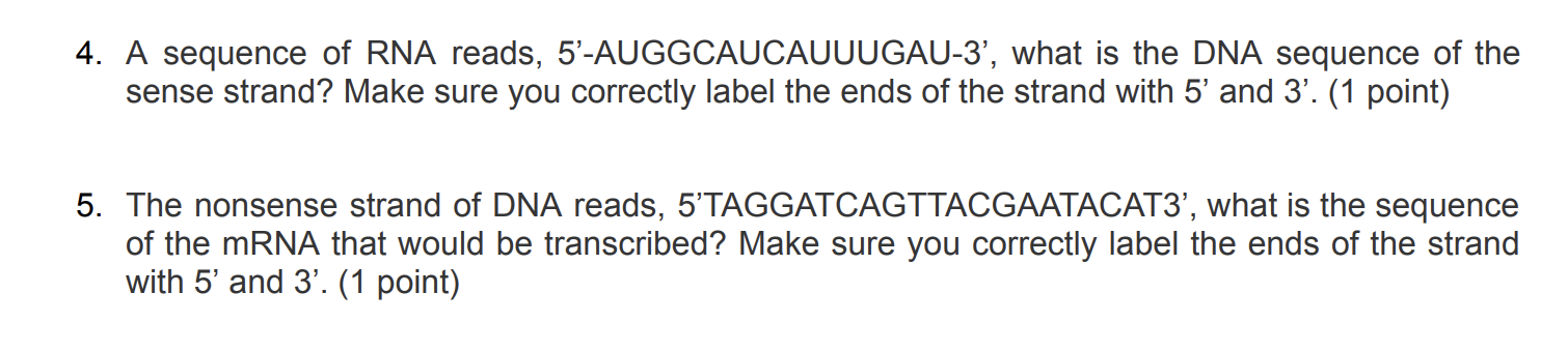 4. A sequence of RNA reads, 5'-AUGGCAUCAUUUGAU-3', | Chegg.com