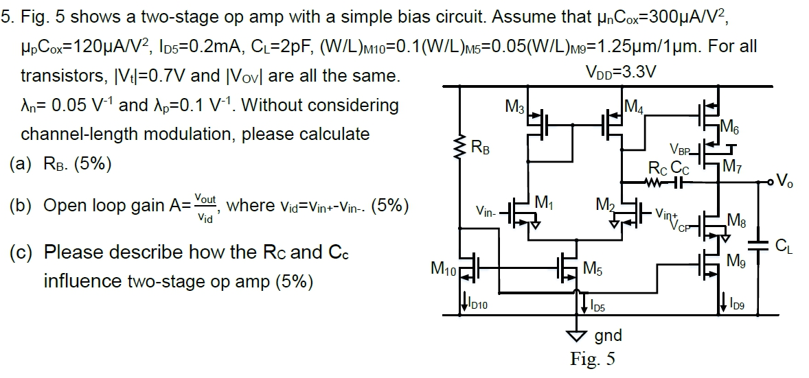 5. Fig. 5 shows a two-stage op amp with a simple bias | Chegg.com